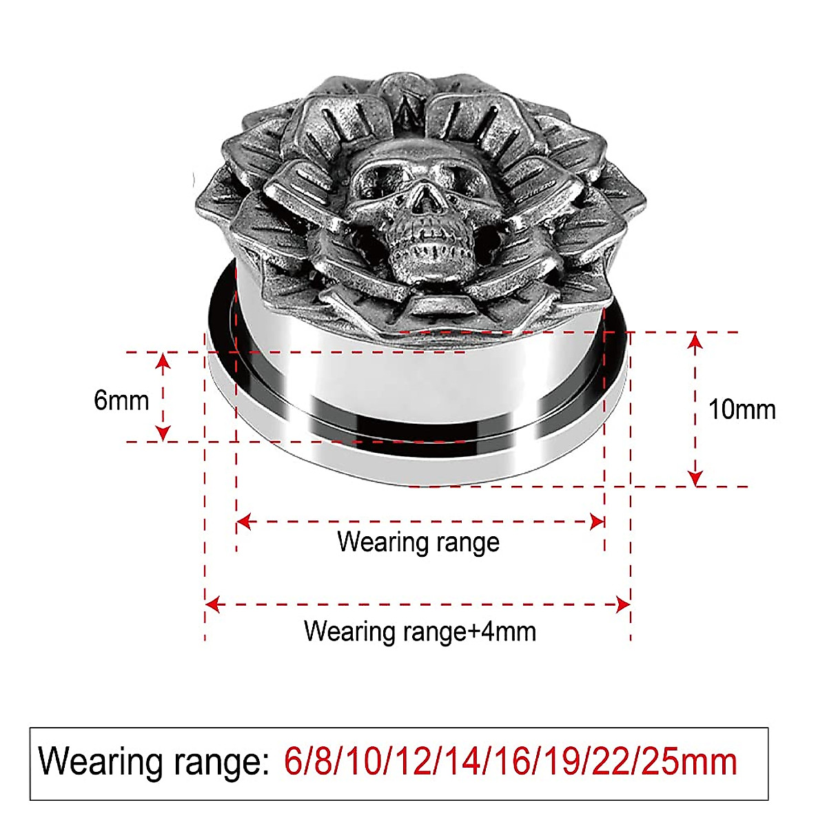 COOEAR Skull Flower Ear Gauges Piercing Tunnels Flesh Plugs Screw Back Silver Stretchers Expander 2g to 1 inch.