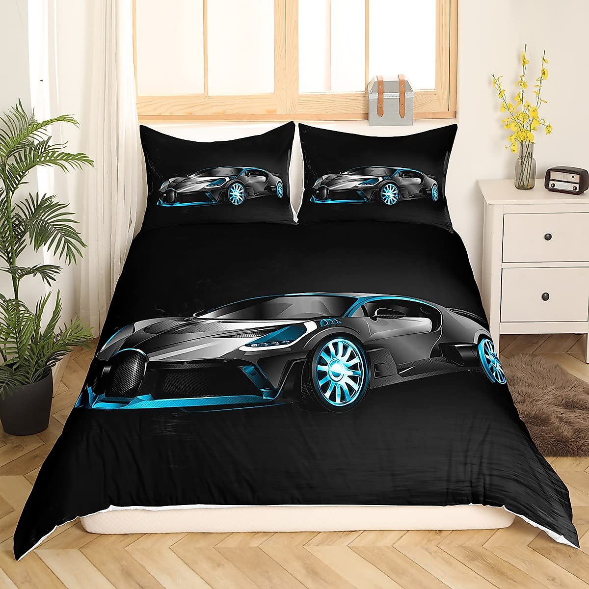 Racing Car Bedding Set for Boys Kids Teens Men Extreme Speed Sports Themed Comforter Cover Competition Bedroom Decor Full Size 3 Pcs (1 Duvet Cover +2 Pillow Shams), Luxury Black