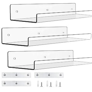 Binazon Acrylic Shower Shelves -3 Pack, Adhesive Clear Bathroom Wall Shelves, Self Caddy Organizer for Bathroom Storage &Home Decor & Kitchen, Adhesive Installation or Drill Installation