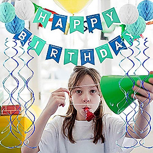 Fecedy Blue Happy Birthday Banner Honeycomb balls Swirls Streamers for Birthday Party Decorations