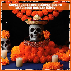 Yunsailing 65 Pcs Day of The Dead Decorations 5 Pcs 5 ft Artificial Marigold Garland 60 Pcs Faux Marigold Flower Heads Plastic Indian Garland Silk Indian Flowers for Decoration Diwali (Orange)