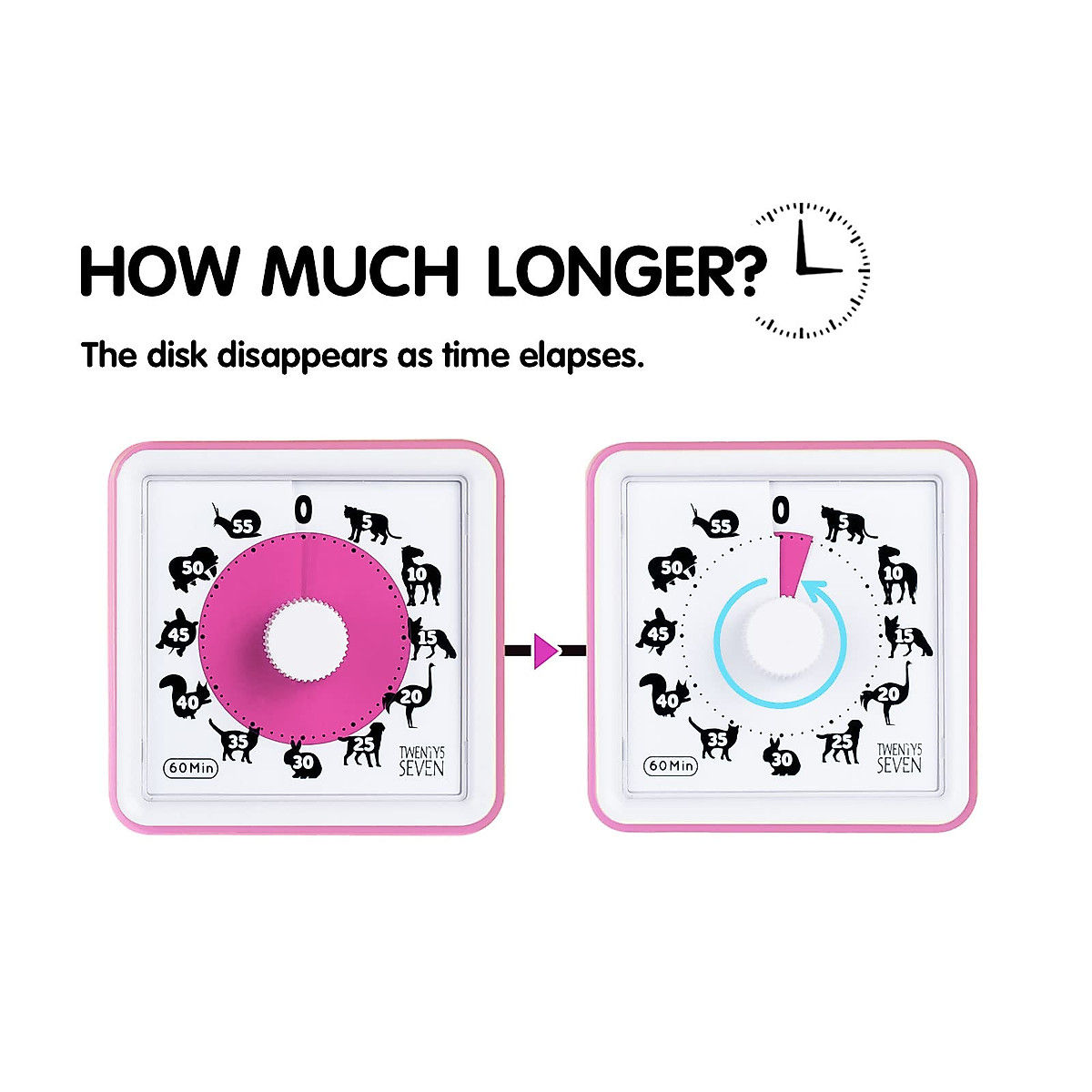 TWENTY5 SEVEN Countdown Timer 3 inch; 60 Minute 1 Hour Visual Timer - Classroom Teaching Tool Office Meeting, Countdown Clock for Kids Exam Time Management - Pink