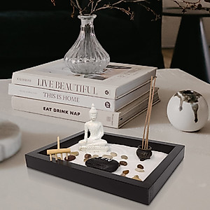 Japanese Mini Zen Garden Sand Box Kit with Incense Holder and White Miniature Buddha Statue - Zen Decor for Relaxation and Meditation - Home Decor, Office Accessory, Gift Set