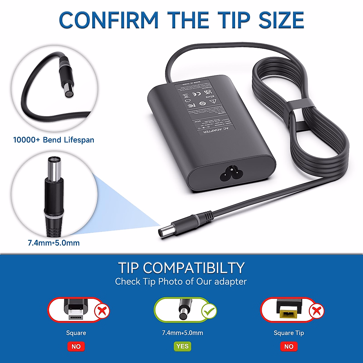 Laptop Charger 65W for Dell Latitude 7490 7400 7480 5400 5490 5500 5590 5480 5580 3310 7290 5290 E5470 E5440 E5570 E7250 E7450 E6540 E7440 E6440 E6430 Power Cord Supply Computer Ac Adapter Replacement