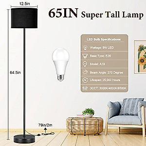 LED Floor Lamp Simple Design, Modern Standing Lamp with Shade,Tall Lamp for Living Room Bedroom Office Study Room, Black Pole Lights with Foot Switch, White Stand Up Lamp Fabric, E26 Base