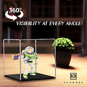 AUZEBOX Acrylic Display Case with Black Base- Highly Transparent, Dustproof and Clear Vision Lego Display Case for Action Figures, Legos, Trophy, Model Cars, and Any Toy Collectables 4x4x4 Inches