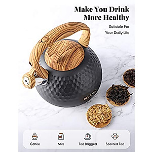 Tea Kettle, 2.7 Quart / 3 Liter BELANKO Stainless Steel Tea Kettles for Stove Top, Food Grade Teapot with Wood Pattern Handle Loud Whistling for Coffee, Milk etc, Gas Electric Applicable - Black