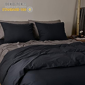 PHF 100% Cotton Duvet Cover Queen Size, 3pcs Washed Cotton Linen Like Comforter Cover, Soft Breathable Durable Cooling Duvet Cover for Hot Sleepers, 90" x 90", Black