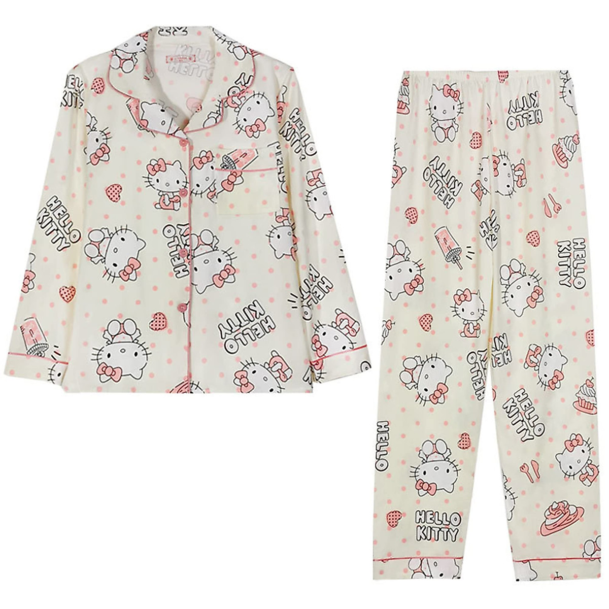 Cute Fashion Long Sleeve Cardigan Pajamas Set Kawaii Leisure Loose Two-Piece Sleepwear Set For Women Girls-M