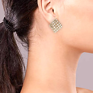 Sonateomber Large Rhinestone Stud Gold Square Geometric Statement Earrings for Women - Big Sparkly Cubic Zirconia Ball Beaded Vintage Rhombus Jewelry Gift