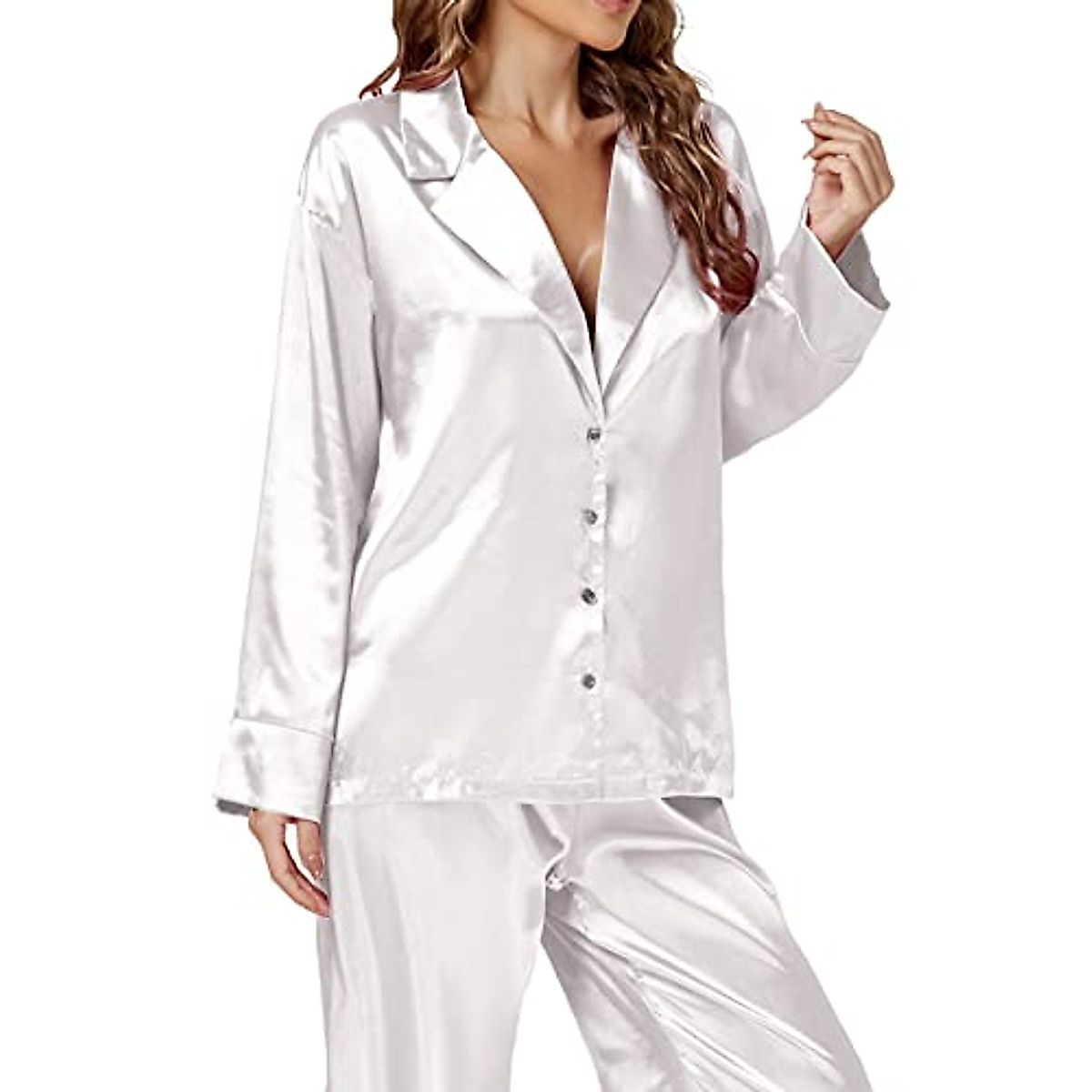 LYANER Women's Satin Silky Pajama Set Long Sleeeve Top With Long Pants Set PJ Loungewear White Small
