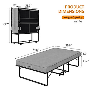 SKKTKT Folding Bed with Mattress, 75" x 39" Twin Size Bed Frame, Portable Foldable Roll Away Adult Bed for Guest, Platform Bed with Fold-up Metal Frame for Bedroom, Living Room, Dorm