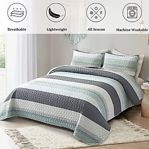 Mybedsoul Queen Quilt Set (96x90 Inch) - 3-Piece Mint Green Patchwork Bedspread Coverlet Set with 1 Striped Quilt and 2 Pillowcases - Soft Microfiber Stitched Bedding for Luxurious Comfort
