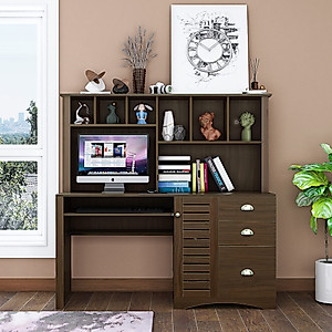 Home Office Computer Desk, Wood Executive Office Desk with Drawers, Hutches Big Storage Space Writing Table Game Table, Office Desk with Keyboard Tray and Drawers for Small Space （Walnut）