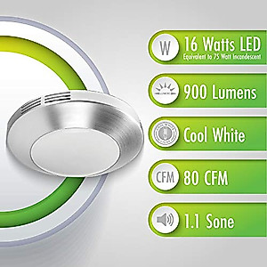 Homewerks 7117-01-BN Bathroom Integrated LED Light Ceiling Mount Exhaust Ventilation 1.1 Sones 80 CFM, Bath Fan Brushed Nickel