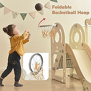 Tensun 5 in 1 Toddler Slide and Swing Set, Bus Playhouse Freestanding Slide Playset with Basketball Hoop for Indoor Outdoor Backyard Playground, Beige+Pink
