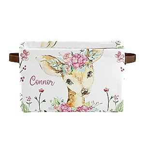 Pink Floral Deer Leaves Personalized Storage Bins Box Baskets with Handle Cubes Clothes Basket Box for Women Christmas Office Holiday 1 Pack
