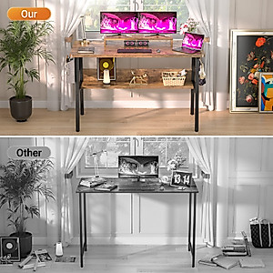 55 Inch Computer Desk, Desk with Monitor Stand, 55.2'' Office Laptop Table with Bookshelves, Study Writing Desk with Storage Bag and Hooks, Sturdy Desk for Home Office Workstation, Rustic