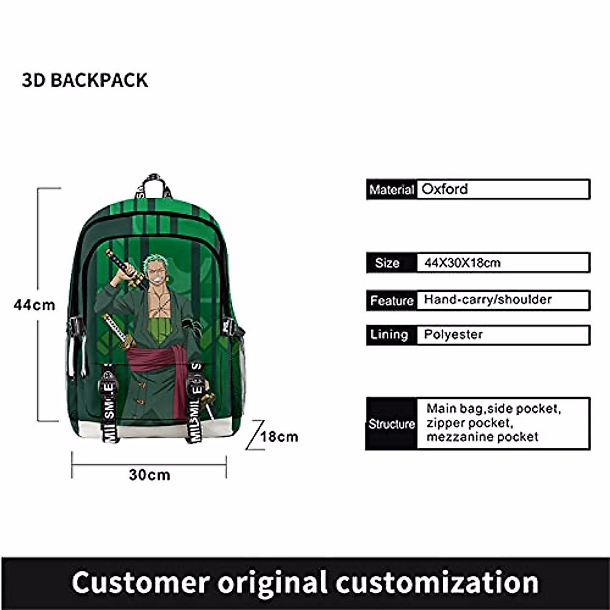 AMOMA Unisex Anime One Piece Daypacks Cosplay Luffy 3D Printed Lightweight Casual Multipurpose Canvas Backpack(One Size,Z-Green)