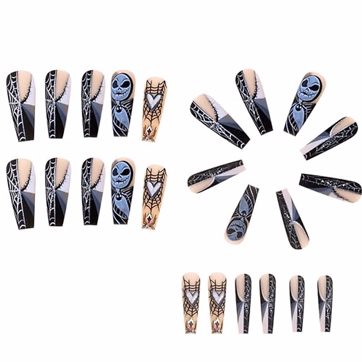 Halloween Press on Nails Long Coffin Fake Nails Full Cover Nightmare Christmas Nails Spider Web False Nails with Designs Rhinestones Matte Glue on Nails Artificial Nails for Women Girls 24Pcs