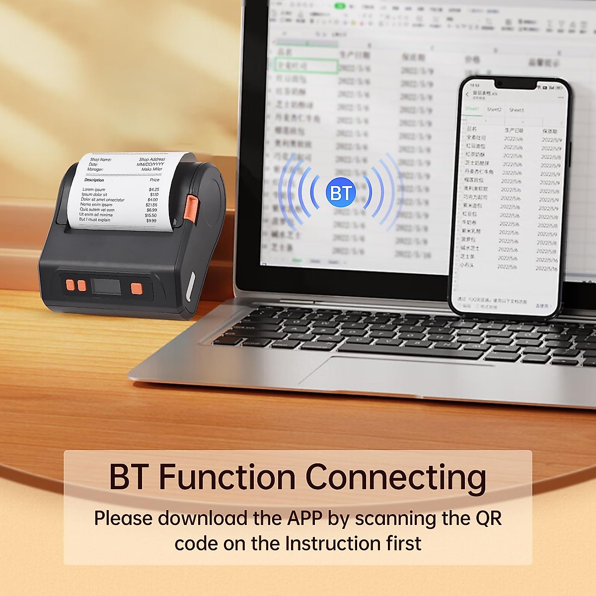 HXBER Receipt Printer, Portable 80mm Receipt Label Printer Wireless BT Thermal Receipt Printer Mobile Bill Printer Compatible with Android/iOS/Windows System ESC/POS Print Command for Small Business