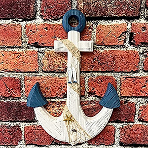 Rainbow Handcrafts Nautical Rustic Wooden Anchor with Rope Crosses Wall Art Decor,Boat Wheel,Hanging Wood Crossbar Anchor Decorative Home Bathroom Office Beach Theme Decoration 18''H （White）