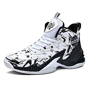 WELRUNG Men's Women's High Top Basketball Shoes Breathable Non Slip Outdoor Sneakers Fashion Shoes Black 8/6.5 US