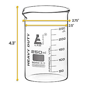 EISCO 12PK Heavy Duty Beakers, 250ml - 5mm Thick, Uniform Walls - Superior Durability & Chemical Resistance - White Graduations - Borosilicate 3.3 Glass