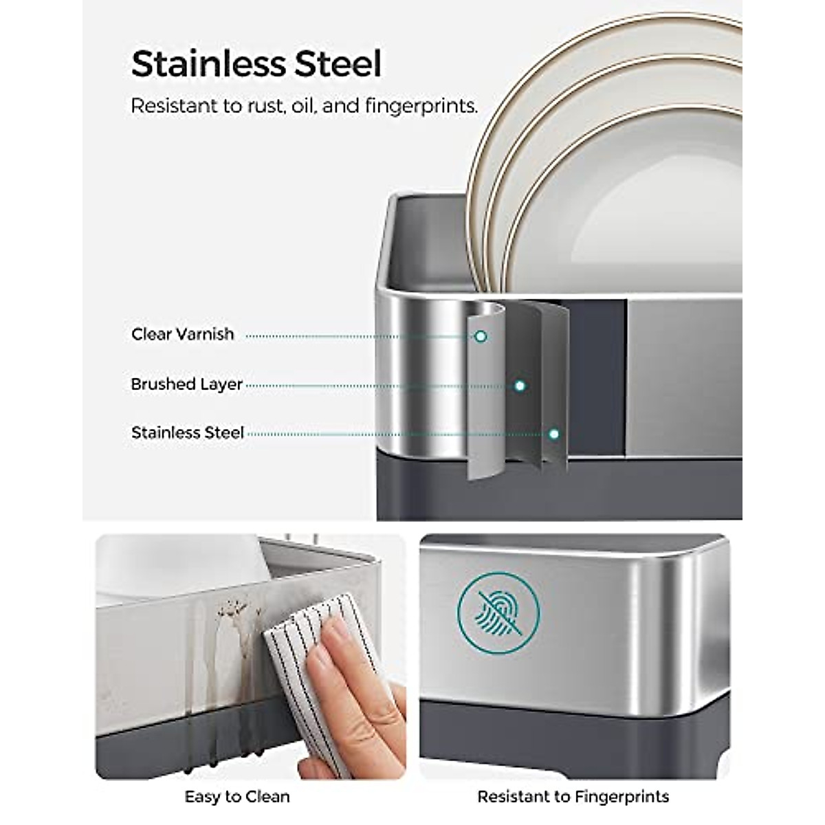 SONGMICS Dish Drying Rack, Stainless Steel Dish Racks for Kitchen Counter, Dish drainers with 360° Rotatable Spout, Removable Drainboard, Fingerprint-Proof, Silver and Gray UKCS030E01