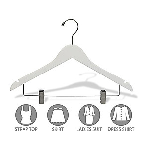 White Wood Combo Hanger w/ Adjustable Cushion Clips, Box of 25 Space Saving 17 Inch Flat Wooden Hangers w/ Chrome Swivel Hook & Notches for Shirt Jacket or Dress by The Great American Hanger Company