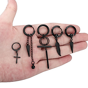 FIFATA Cross Dangle Earrings for Men 20 Pieces, Stainless Steel Stud Hinged Hoop Earrings, Long Chain Kpop Earrings for Women, Black and Silver