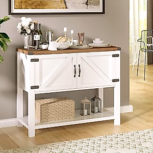 4ever2buy Farmhouse Coffee Bar Cabinet with Barn Doors, White Coffee Bar Stand with Storage, 36 inch Coffee and Tea Bar with Bottom Shelf for Living Dining Room
