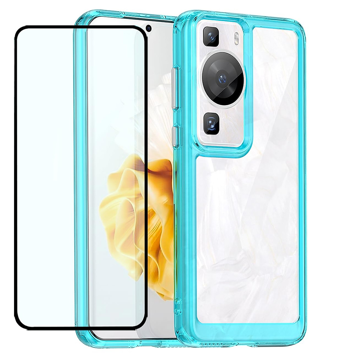 DFTCVBN Phone Case for Huawei P60 Case, P60 Pro MNA-LX9 LNA-LX9 Case with HD Screen Protector, Soft Bumper with Clear Crystal PC Hard Back Shockproof Cover Cases for Huawei P60 Pro Clear Blue