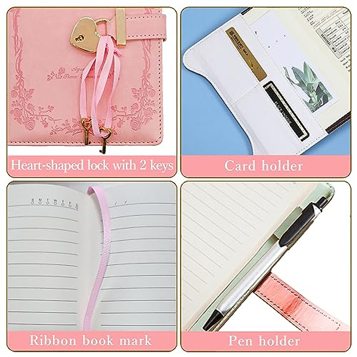 AtoZ Create Diary with Lock and Keys for Teen Girls 360 Pages Leather Heart Shaped Locking Journal (B6(7"*5"),Pink)