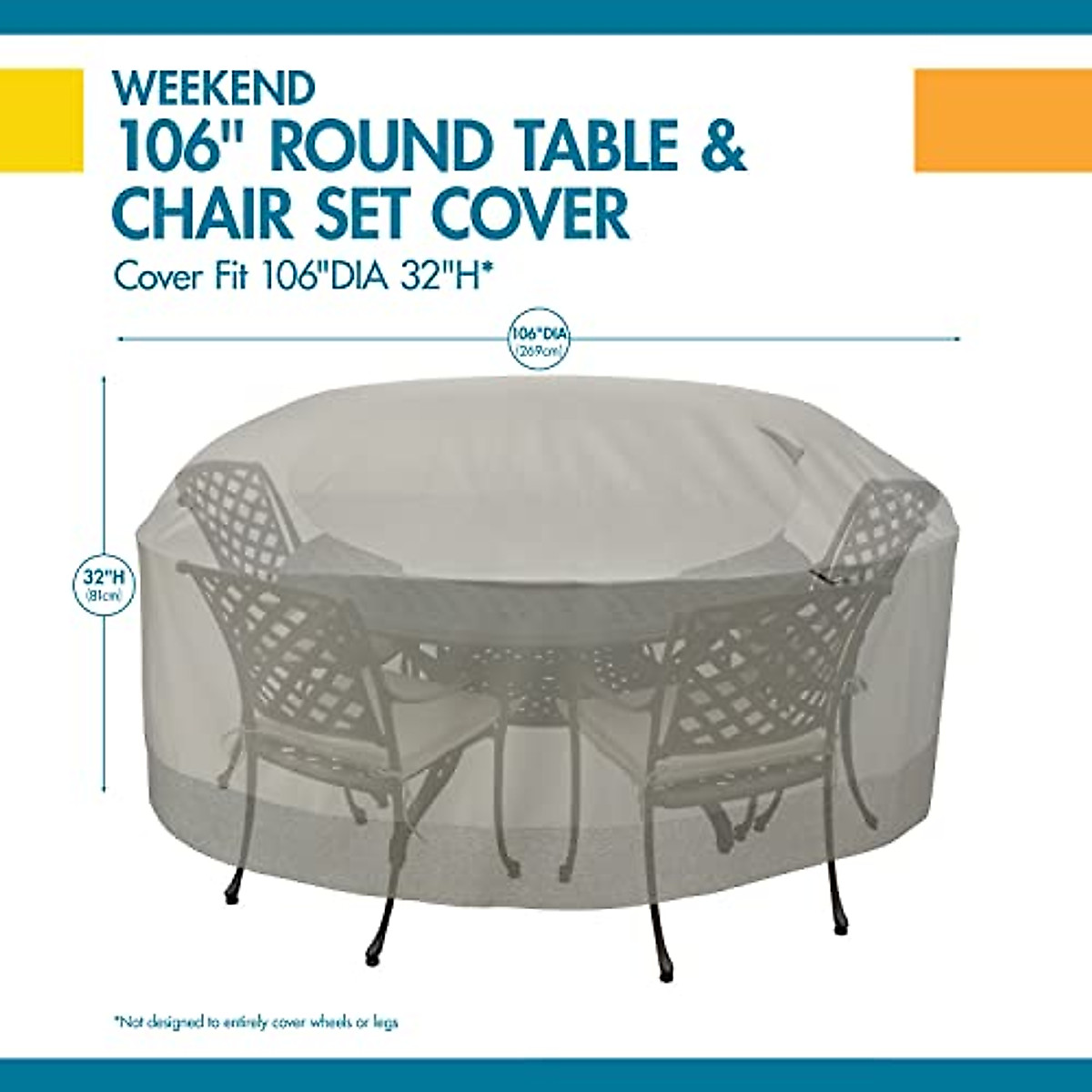 Duck Covers Weekend Water-Resistant Outdoor Round Table & Chair Cover with Integrated Duck Dome, 106 x 32 Inch, Moon Rock, Patio Covers for Outdoor Furniture