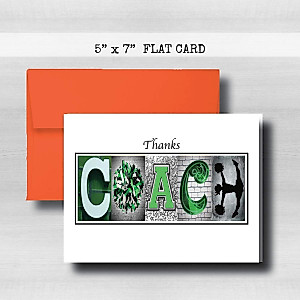 Personalized Cheerleading Green Coach Thank You Card, 5"x 7" FLAT CARD, Greeting Cards