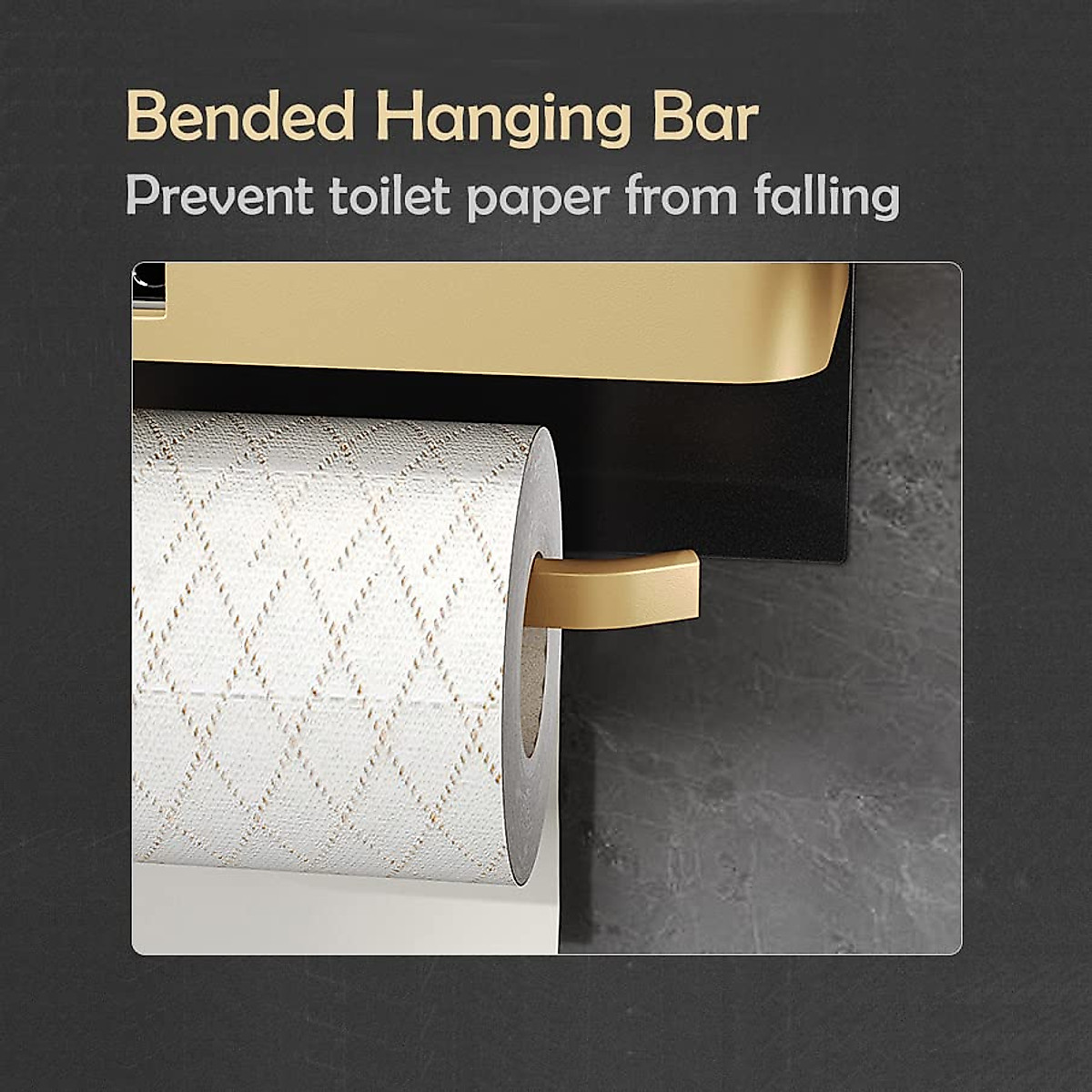 ROZZWILD Toilet Paper Holder with Shelf Adhesive Wall Mounted No Drill Aluminium Alloy Stainless & Rustproof Toilet Paper Roll Dispenser Bathroom Organizer Storage Rack Matte Black Gold