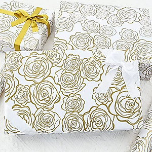 Gift Wrapping Paper, Golden Rose Pattern in White Art Paper with 1 Roll Gold Ribbon, for Weddings, Mother's Day, Birthdays, Baby Showers, Bridal Showers, Valentine's Day or Any Occasion(6 Sheets)
