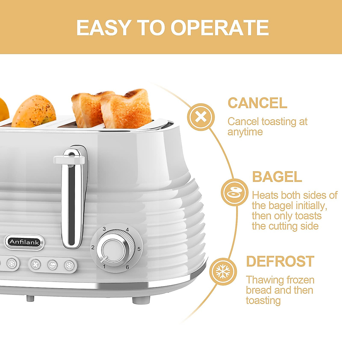 Anfilank 4-Slice Toaster, Retro Toaster with Long Extra-Wide Slots and Removable Tray, Cancel/Bagel/Reheat Function, 6 Shape Options, BPA free(Grey)