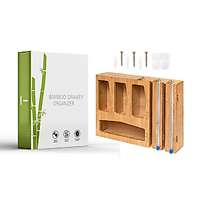 Bamboo Ziplock Baggies Storage Bag Organizer, sandwich bag organizer, Aluminum Tin Foil and Wrap Cutter Dispenser, Drawer or wall Organization,6 in 1 Kitchen Holder