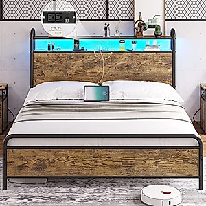 DICTAC Queen Bed Frame with Storage Headboard and Charging Station Led Bed Frame Queen Size with Headboard Storage,Metal Platform Bed Frame with LED Lights,No Box Spring Needed,Rustic Brown