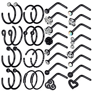 Longbeauty 32Pcs C-Shaped Nose Ring L-Shaped Nose Studs Bone Tragus Cartilage Hoop Rings Piercings 20g for Men Women (L-Shape & C-Shape, black)