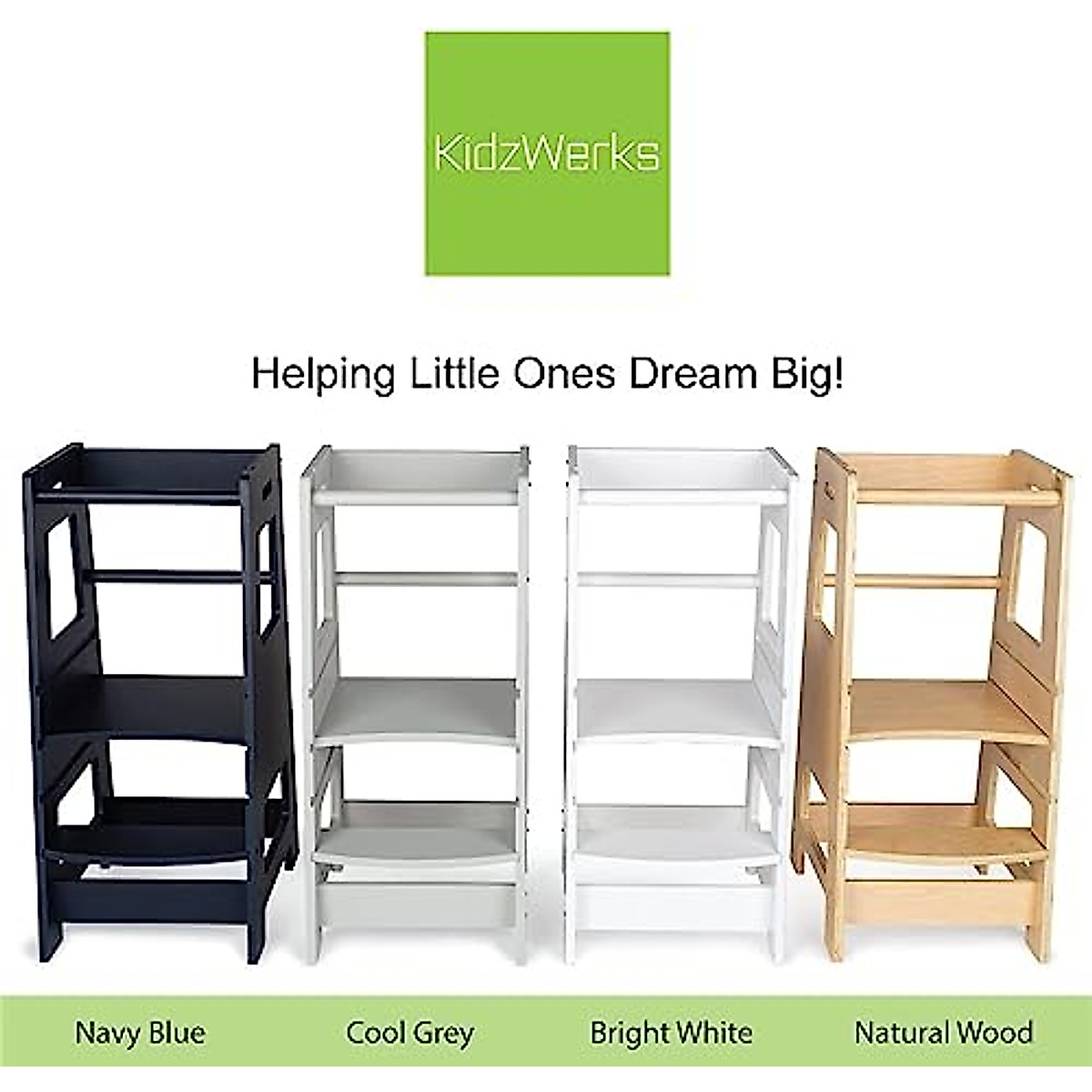 KidzWerks Child Standing Tower Kids Kitchen Step Stool Toddler Wood Stepping Stool, Children's Counter Height Learning Stools, Adjustable Platform, Gray