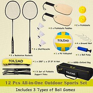 TOLEAD All-in-One Pickleball & Badminton Net Set, Portable Volleyball Net Set (17ft Wide x 3-5ft Height) for Backyard,Outdoor Sports Game Set w/Volleyball Pickleball Paddles & Badminton Rackets
