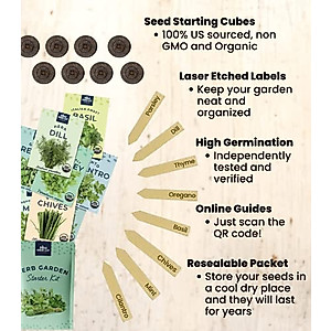 Herb Garden Starter Kit (8 pc) – Organic, Non GMO, high Germination Rate, resealable Secure Pouch - incl Bamboo Labels and Soil Starters