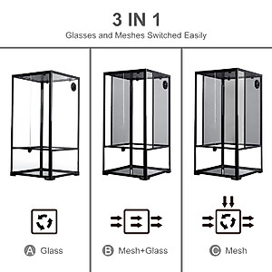 WACOOL Glass 50 Gallon Reptile Tank, Front Opening Chameleon Cage 18" x 18"x 36", 3-in-1 Side Design(Glass or Mesh+Glass), Bio Deep Base 10" Vertical Reptile Cage for Frog Iguana