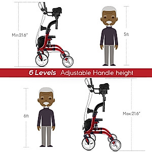 WINLOVE Upright Rollator Walkers for Seniors Stand Up Aluminium Tall Walker Light Weight for Rolling Mobility Walking Aids Red