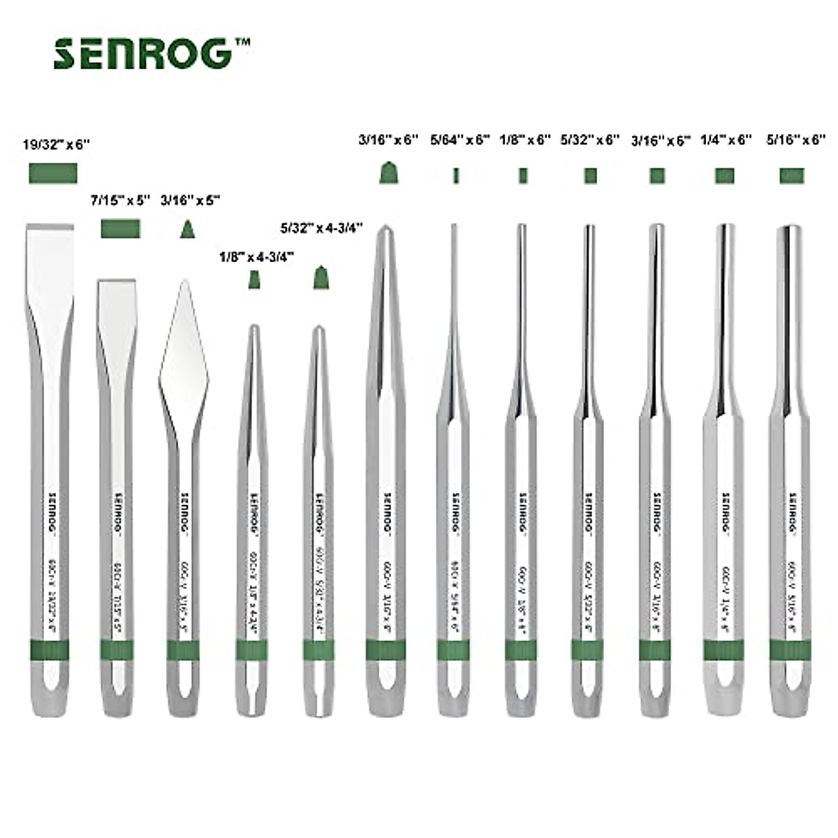 SENROG 12 Pieces Punch and Chisel Set, Alloy Steel 60Cr-v Made Punch Set, Mirror Surface and Chroming Gunsmith Punch Set, Including Flat Chisels, Taper Punch, Pin Punch Set, Center Punch, Cape Punch