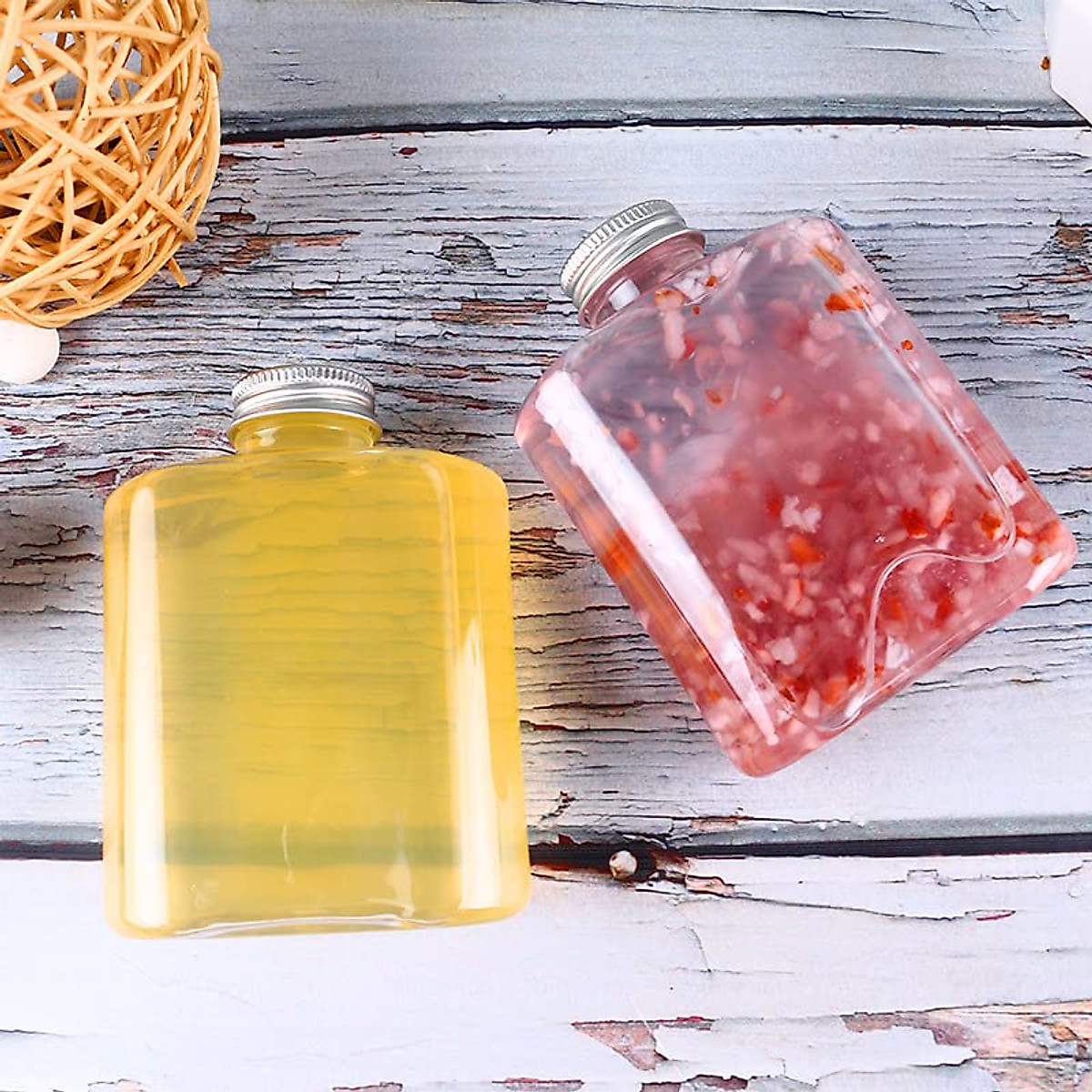 Elsjoy 24 Pack Plastic Juice Bottles, 8.5 Oz Clear Liquor Bottle Flat Slim Beverage Container with Aluminum Cap, Portable Water Flask for Drinks, Milk, Tea, Alcohol, Leak Proof