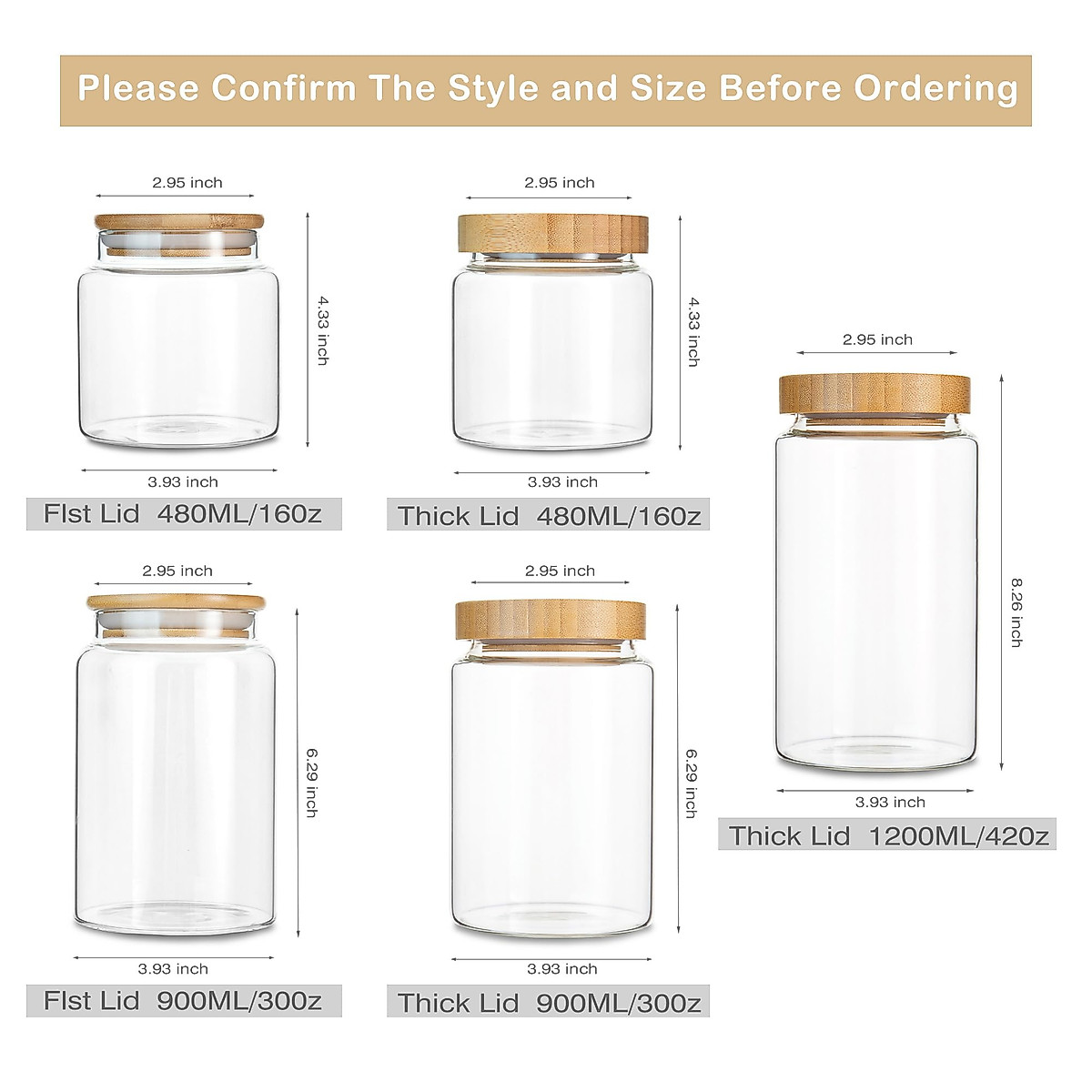 MOLADRI 1200ML/42Oz Clear Cute Glass Storage Canister Holder with Airtight Bamboo Lid, Modern Decorative Large Container Jar for Coffee, Spice, Candy, Salt, Cookie, Condiment, Pepper, Sugar